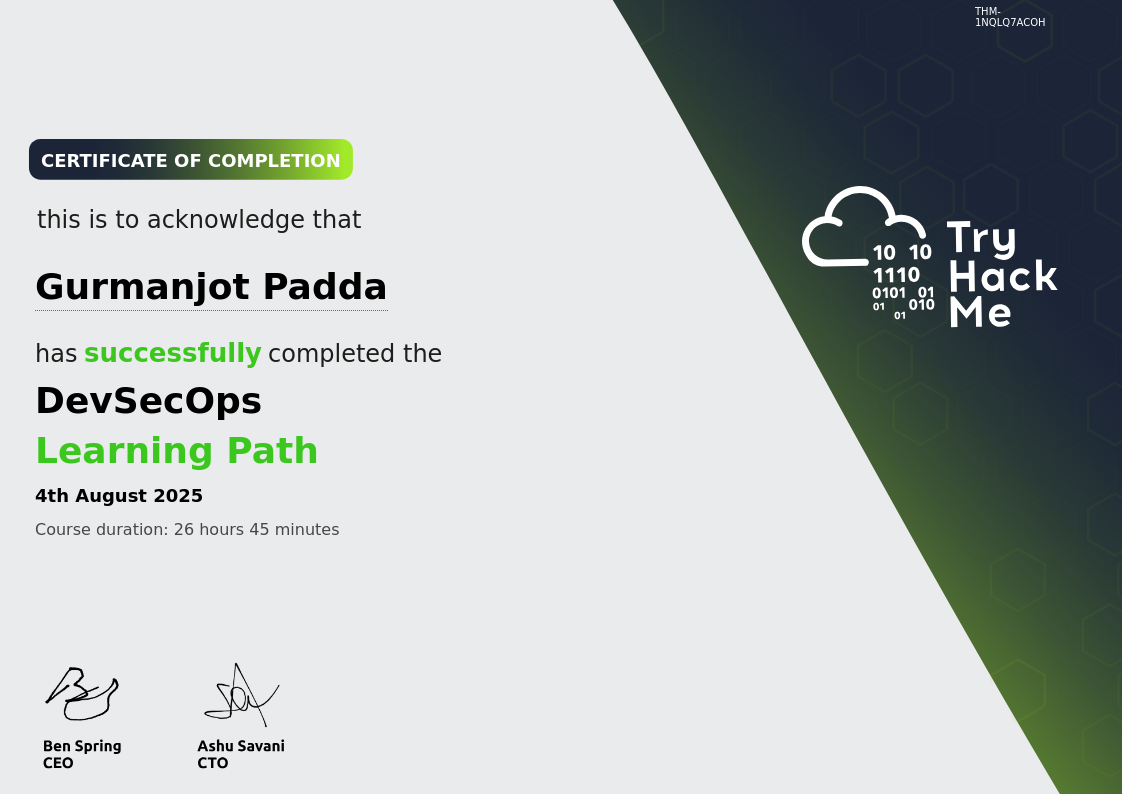 TryHackMe | Gurmanjot Padda is now skilled in DevSecOps after completing a hands-on course on ...