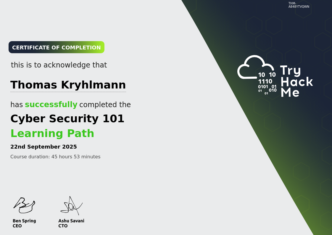 TryHackMe | Thomas Kryhlmann is now skilled in Cyber Security 101 after completing a hands-on ...