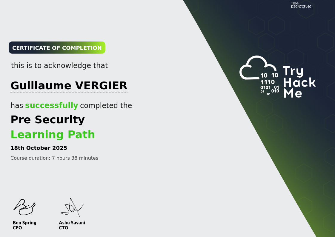 TryHackMe | Guillaume VERGIER is now skilled in Pre Security after ...
