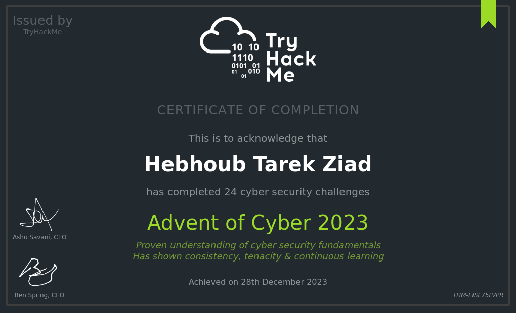 ‏Hebhoub Tarek Ziad‏ - ‏Cyber Security Graduate | Top 2% TryHackMe‏ | LinkedIn