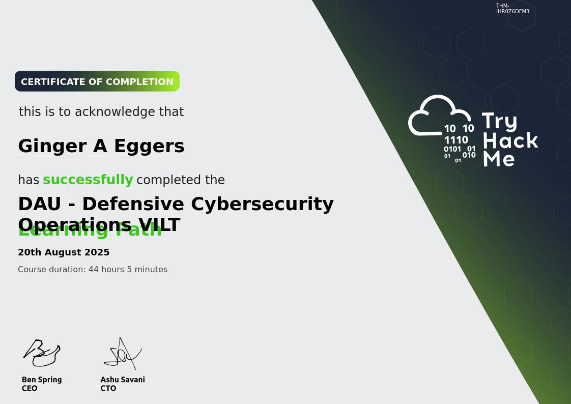TryHackMe | Ginger A Eggers is now skilled in DAU - Defensive Cybersecurity Operations VILT ...