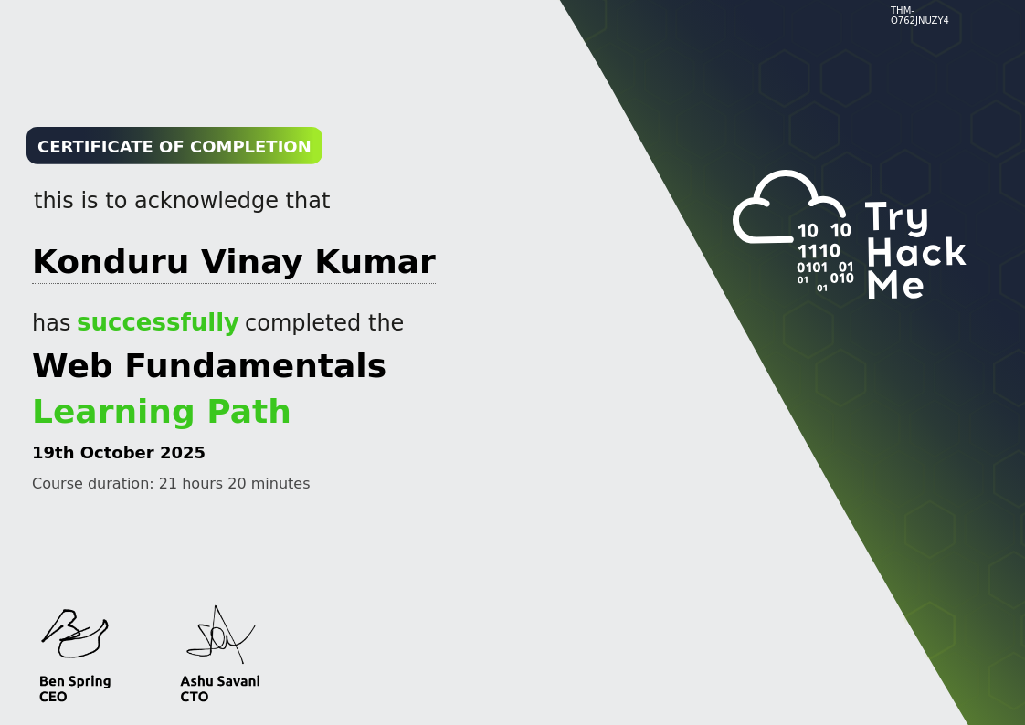 TryHackMe | Konduru Vinay Kumar is now skilled in Web Fundamentals after completing a hands-on ...