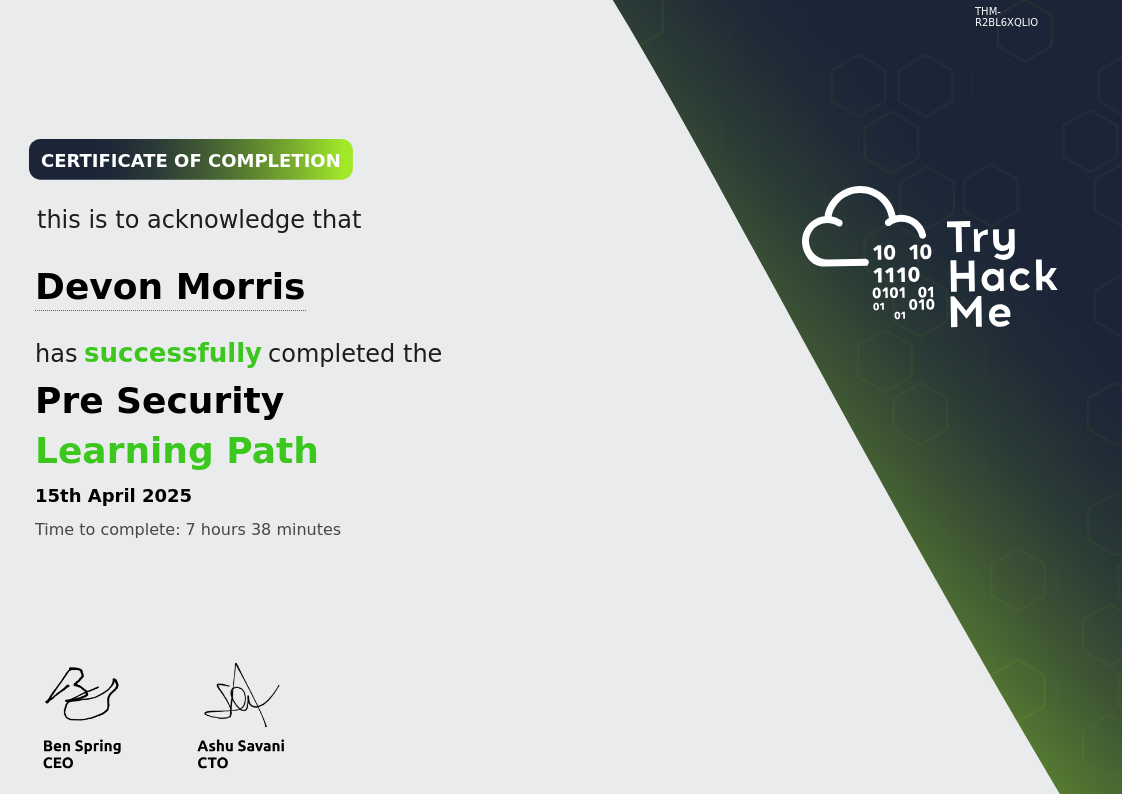 TryHackMe | Devon Morris is now skilled in Pre Security after ...