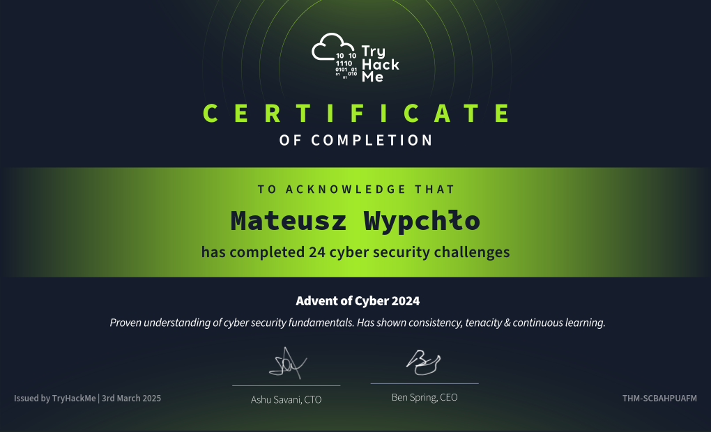 TryHackMe | Mateusz Wypchło is now skilled in Advent of Cyber 2024 after completing a hands-on ...