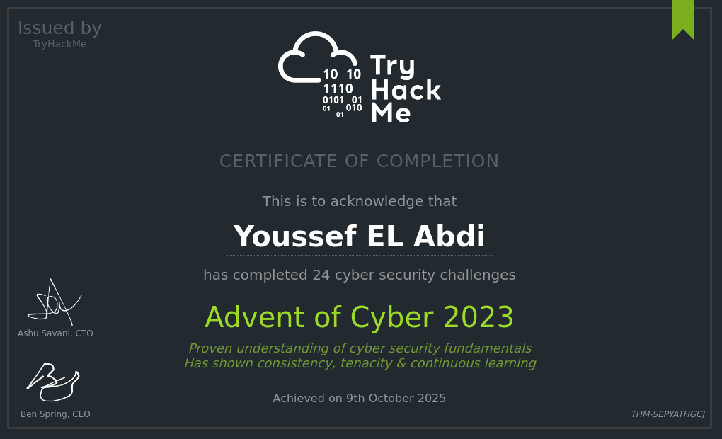 TryHackMe | Youssef EL Abdi is now skilled in Advent of Cyber 2023 after completing a hands-on ...
