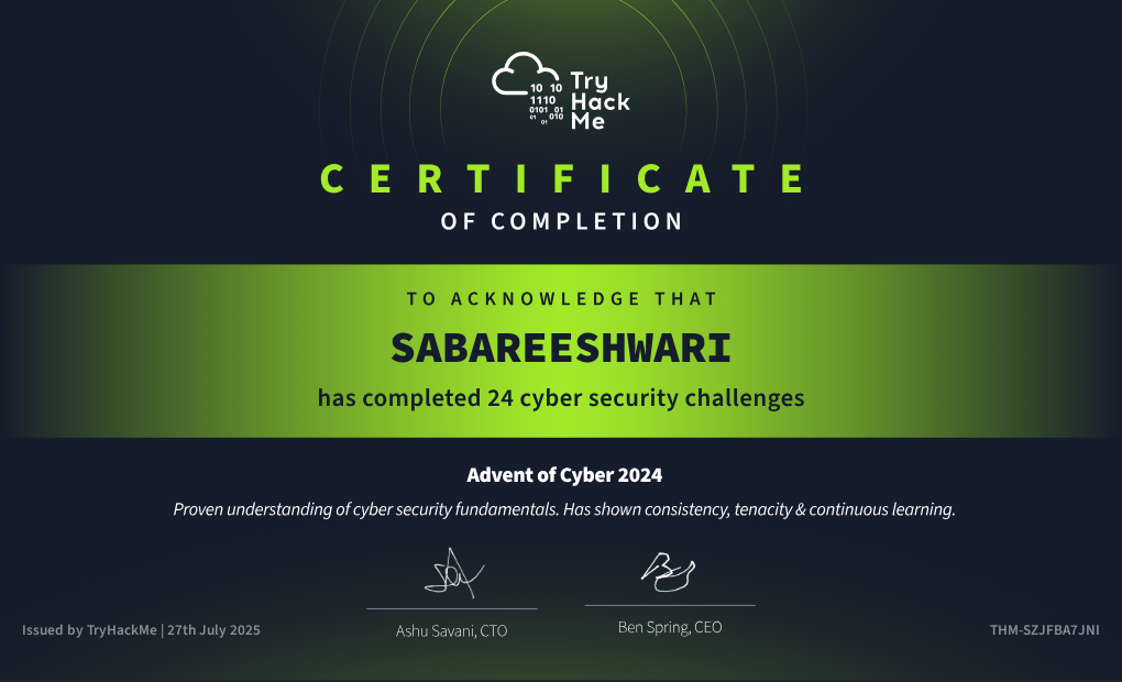 TryHackMe | SABAREESHWARI is now skilled in Advent of Cyber 2024 after completing a hands-on ...