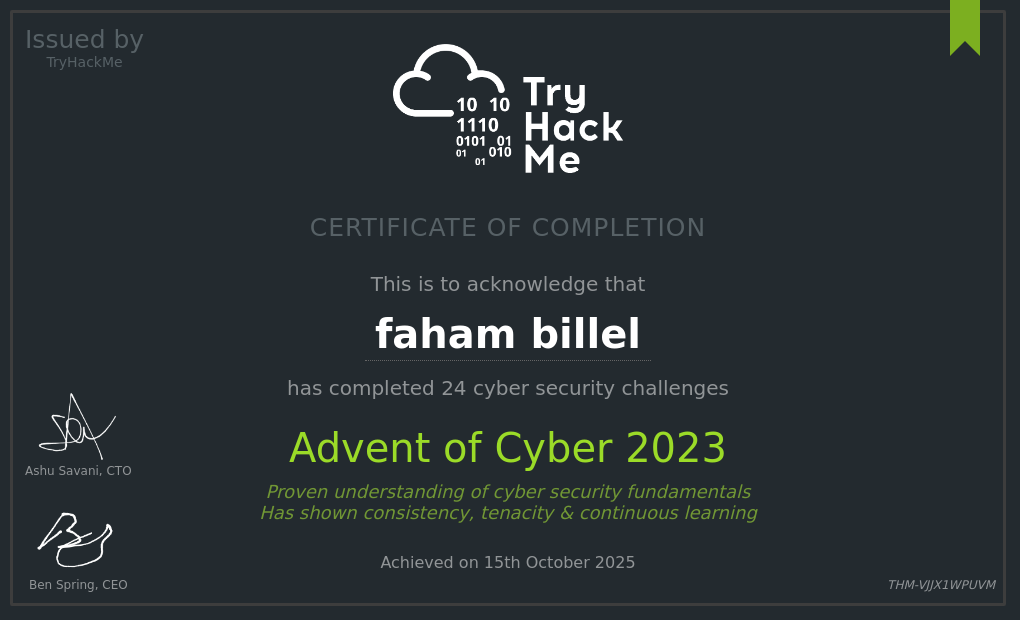 TryHackMe | faham billel is now skilled in Advent of Cyber 2023 after completing a hands-on ...