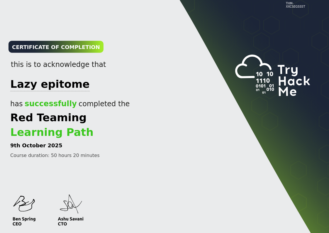 TryHackMe | LEE is now skilled in Red Teaming after completing a hands-on course on TryHackMe.